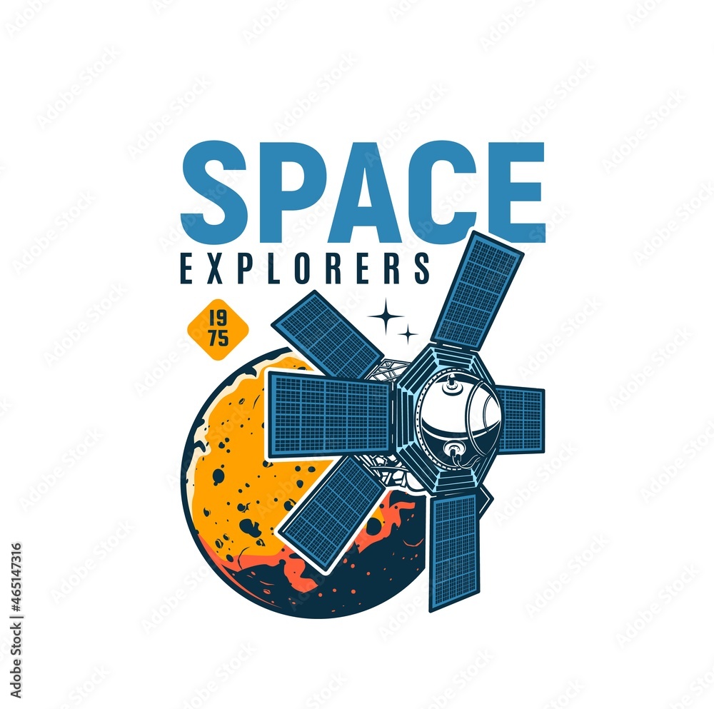 Space explorer icon. Telecommunication satellite on alien planet orbit ...