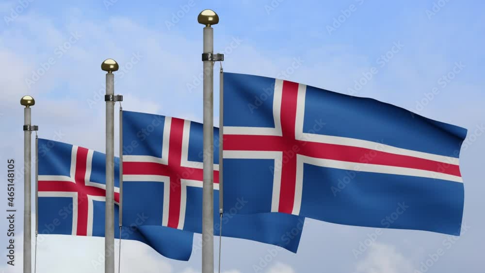 3D, Icelandic flag waving on wind with blue sky and clouds. Iceland ...