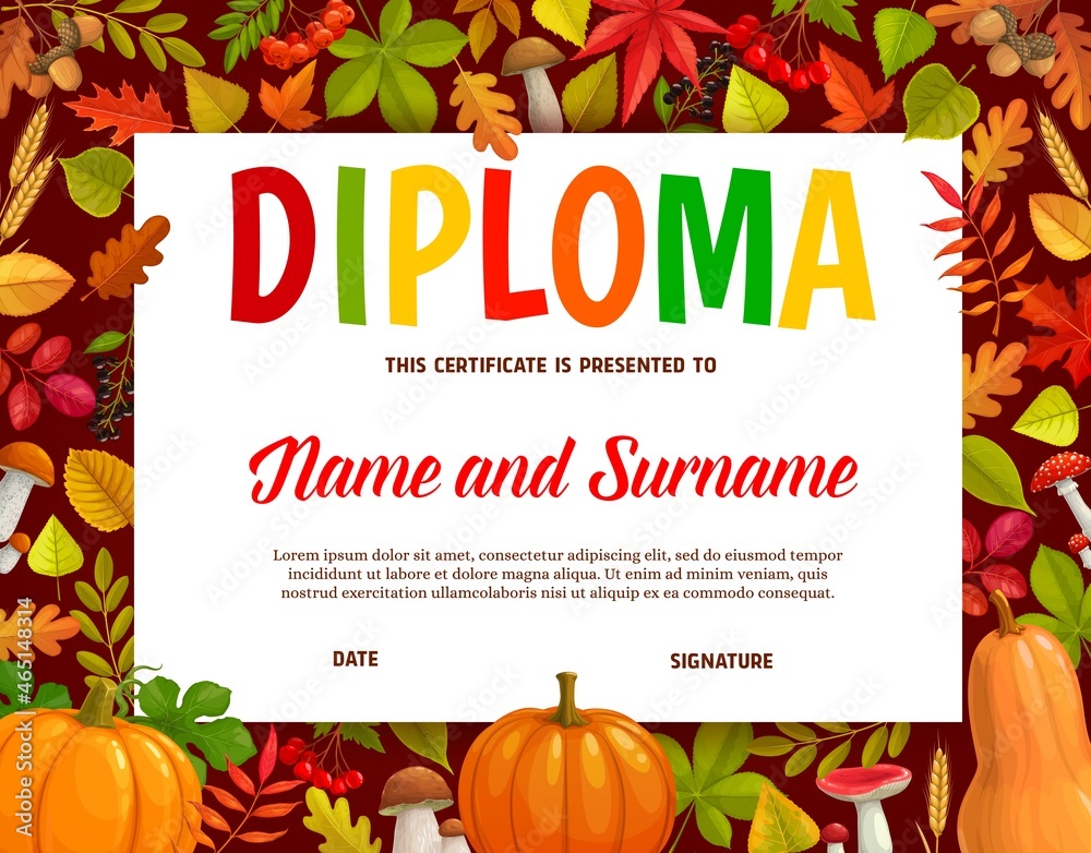 Kids diploma with thanksgiving butternut pumpkin, mushrooms, acorn and ...