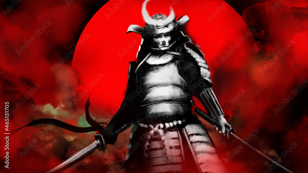 A samurai in armor stands at night with katanas in his hands, fog is ...