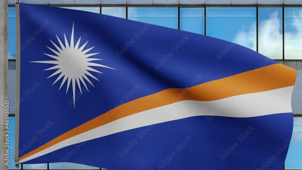 3D, Marshallese flag waving on wind with modern skyscraper city. Close ...