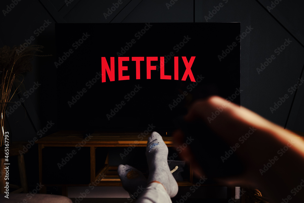 Netflix logo on TV set. Katy Wroclawskie, Poland - October 25, 2021 ...
