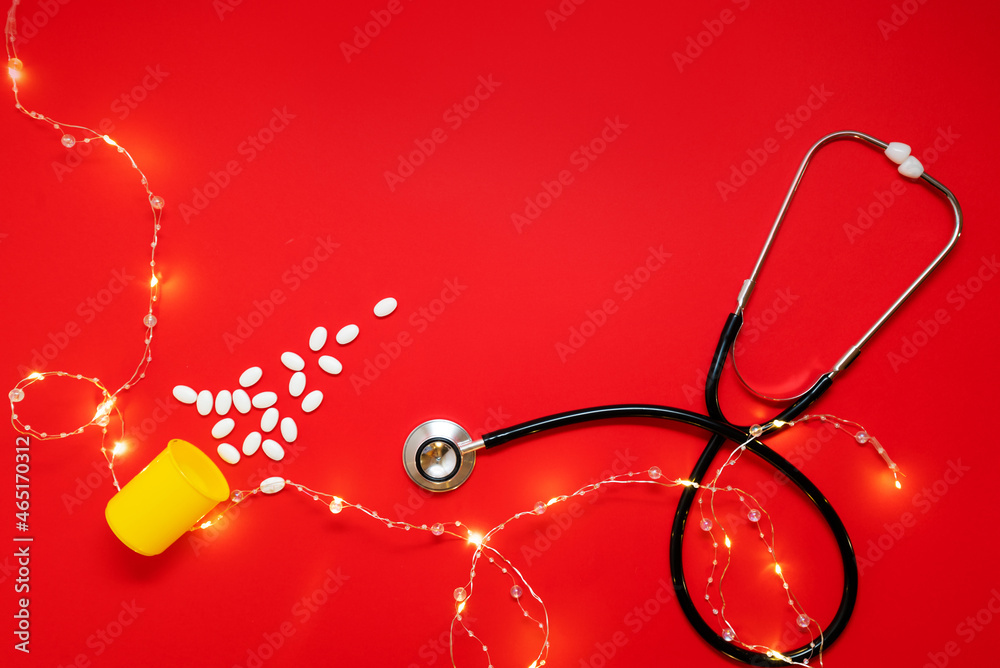 medical layout on a red background with a beautiful garland of a ...