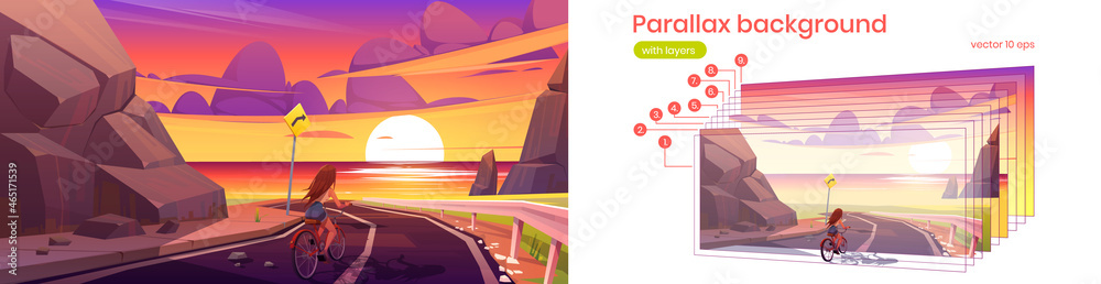 Parallax background girl on bicycle riding mountain road at dusk seascape view. Young woman on ...