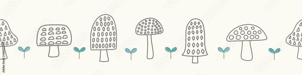 Mushroom background border pattern. Cute nature seamless banner design ...