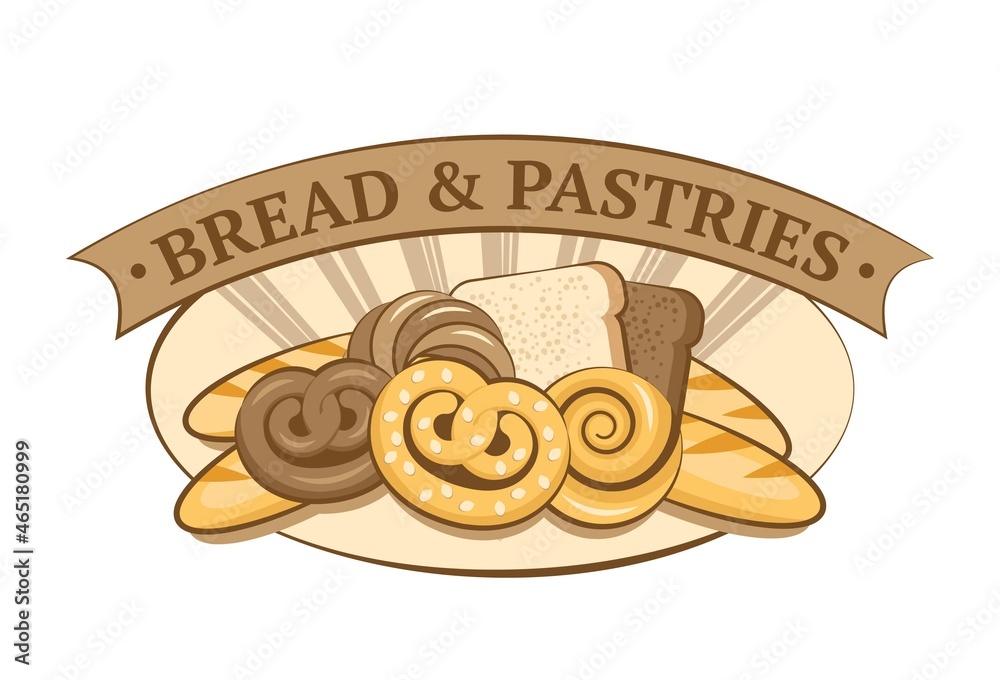 Bakery logo with images of bread, cinnamon rolls, loaves, baguettes and ...