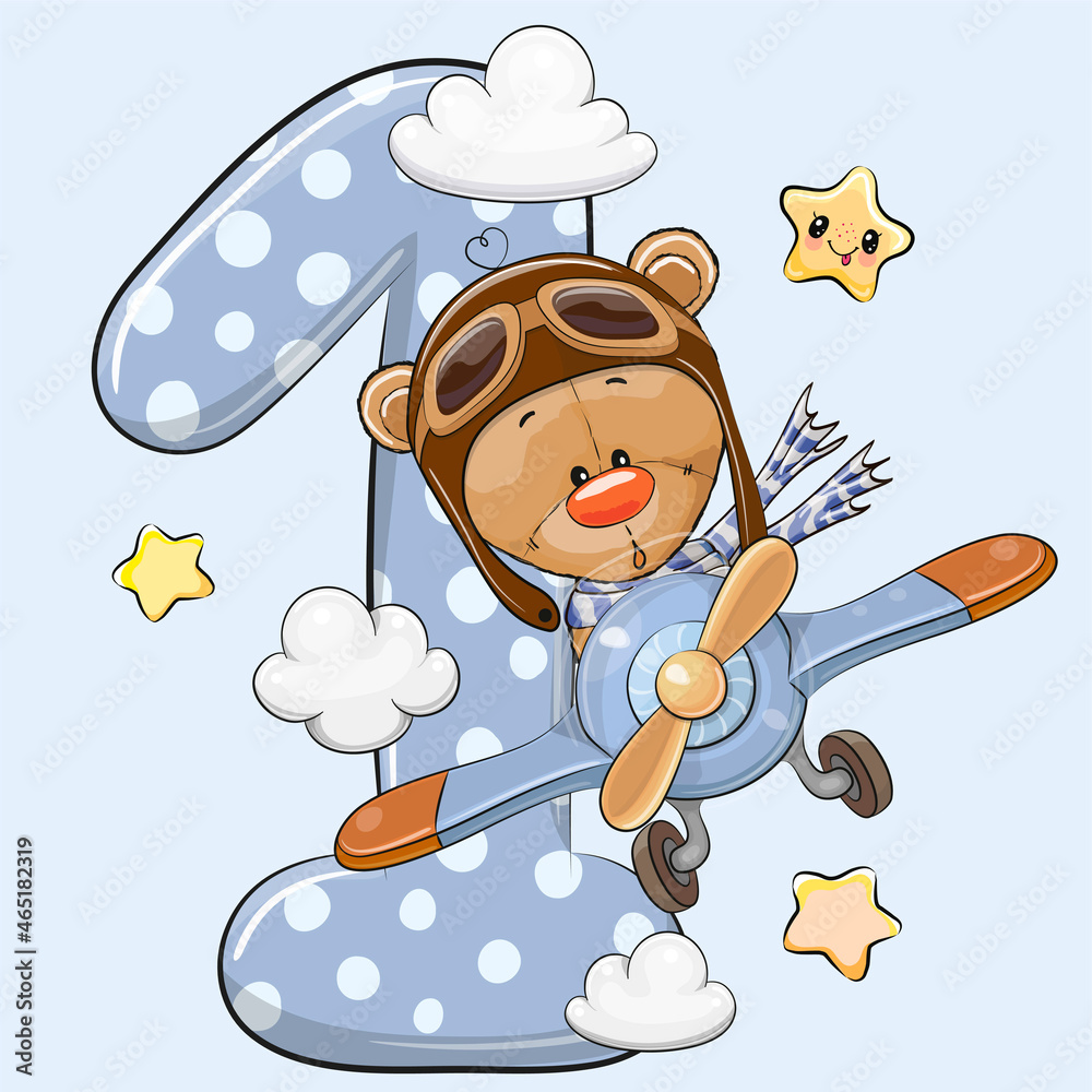 Teddy Bear is flying on a plane with number one Stock Vector | Adobe Stock