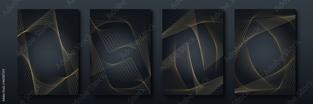Abstract minimalist poster collection with golden smooth thin ink lines ...