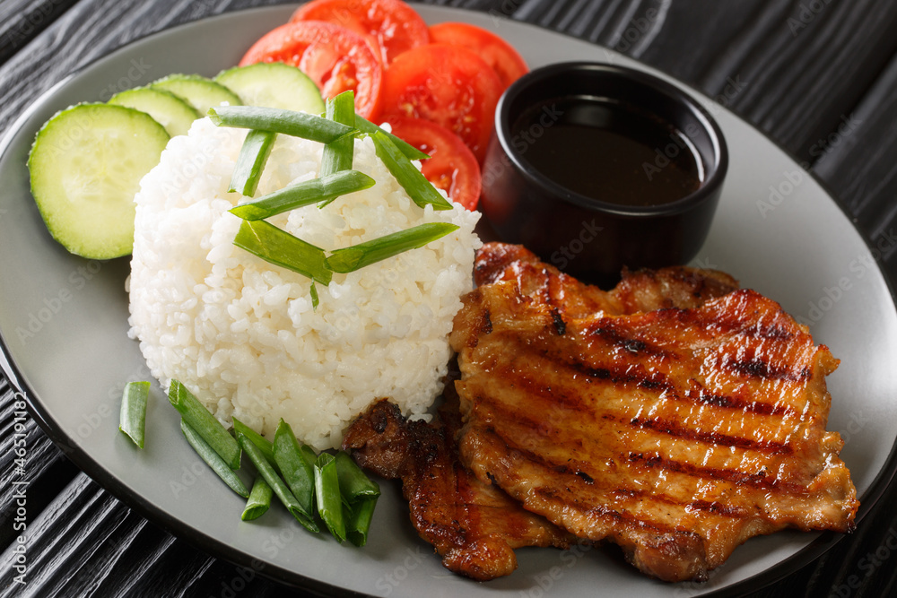 Broken Rice Recipe with Grilled Pork Chop close-up in a plate on the ...