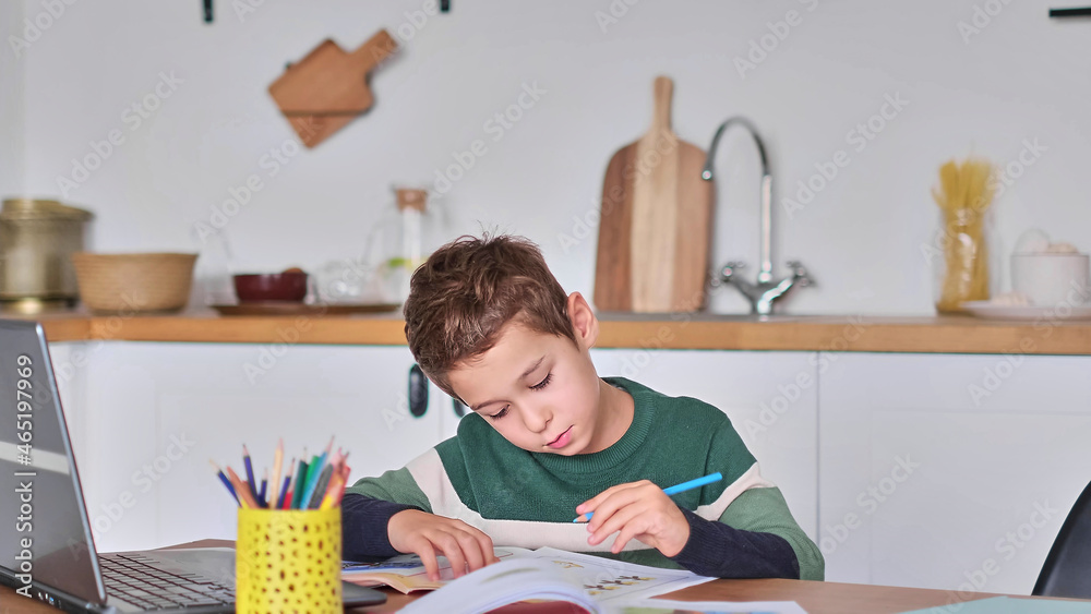 Boy Doing Homework In Kitchen. boy is studying mathematics at an online ...