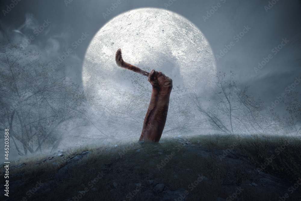 Zombie hand with blood and wound holding sickle raised Stock ...
