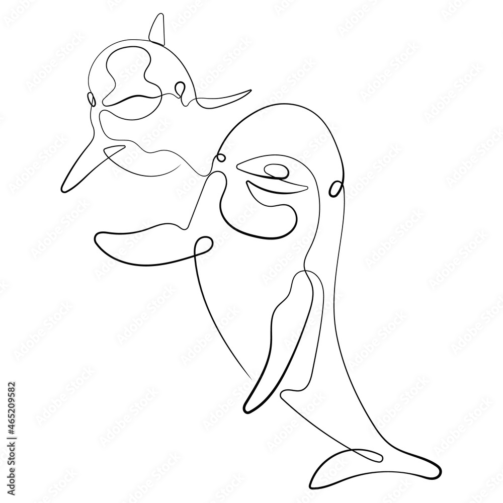 Single line drawing of cute beautiful dolphins for company logo ...