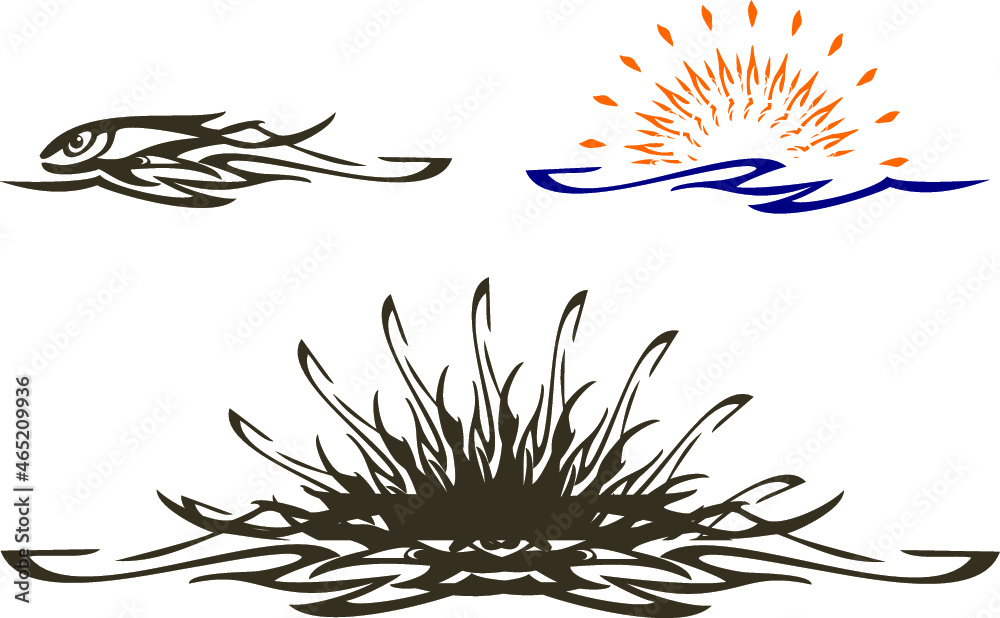Fish symbol and sun with wave element for your creative design. Wave ...