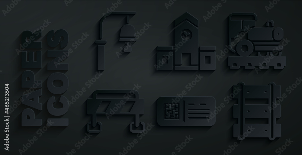 Set QR code ticket train, Vintage locomotive, Road barrier, Railway ...