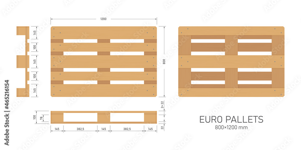 Vector dimensioned image industrial Euro pallets 800x1200mm. Isolated ...