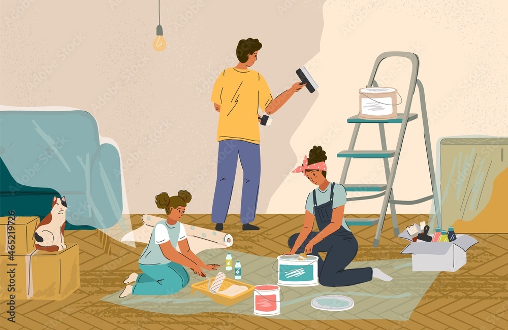 Family repair home and paint walls together. Vector illustration ...
