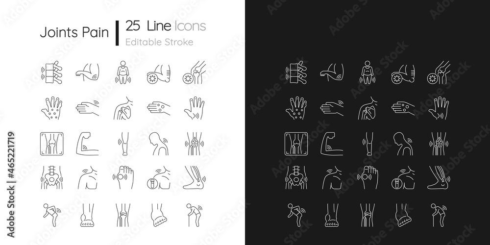 Vetor de Joints pain linear icons set for dark and light mode ...