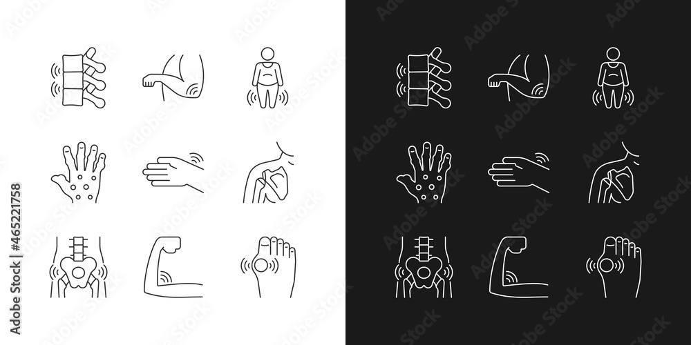 Joint inflammation linear icons set for dark and light mode. Rheumatoid ...