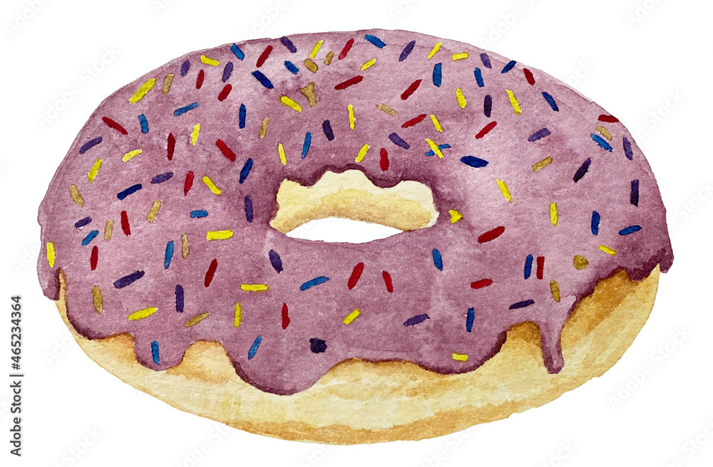 Watercolor sweet donut in purple glaze. Sprinkles pink donut watercolor ...