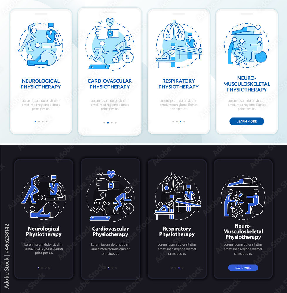 Physiotherapy onboarding mobile app page screen. Physical therapy types ...