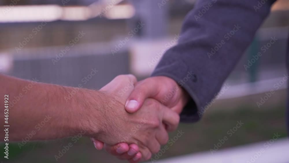 Two men shaking hands greeting each other on the street. Securing a ...