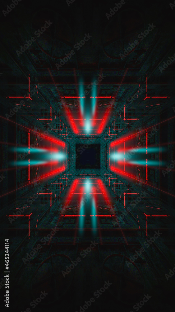 Abstract neon dark background, old rusty metal safe, neon lights rays ...