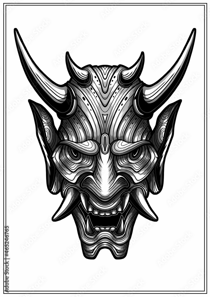 Mask of a grinning demon with big fangs and horns, a close-up graphic ...