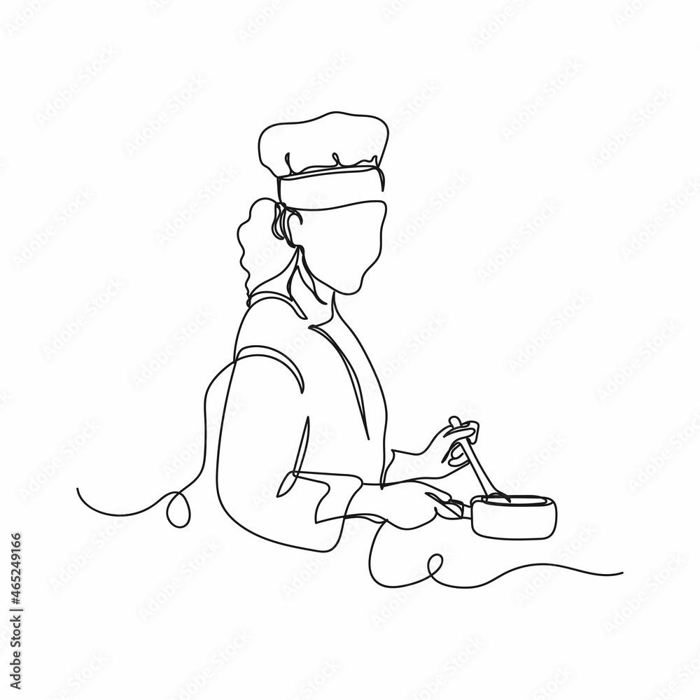 Vector continuous one single line drawing icon of woman chef cook in ...