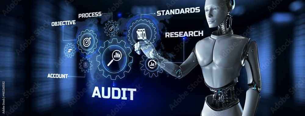 Audit Robotic process automation RPA concept. Robot pressing button on screen 3d render. Stock ...
