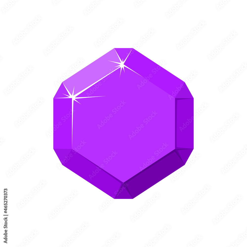 Hexagon purple gemstone. Amethyst top view. Cartoon vector illustration ...