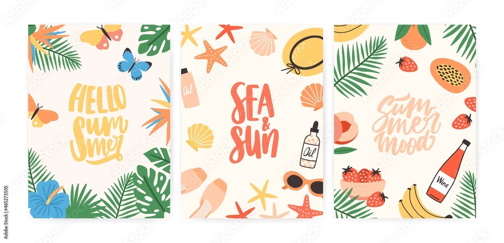 Collection of summer cards, flyer or poster templates with seasonal ...