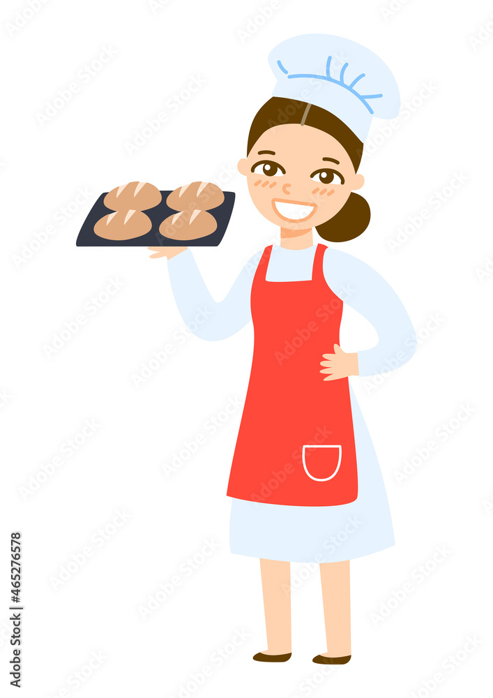 Cute cartoon baker with buns on a tray isolated on white background ...