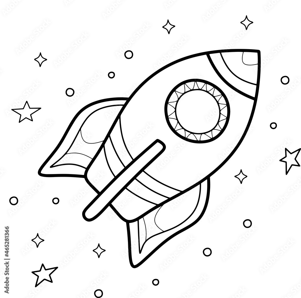 Vector, cartoon rocket in space. Coloring page for kids and adult Stock ...