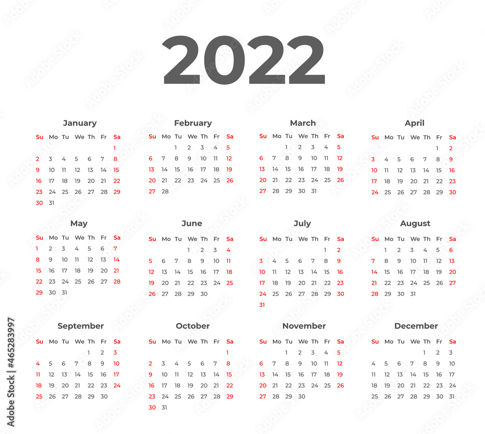 2022 wall calendar design with red color. calendar 2022 week start ...