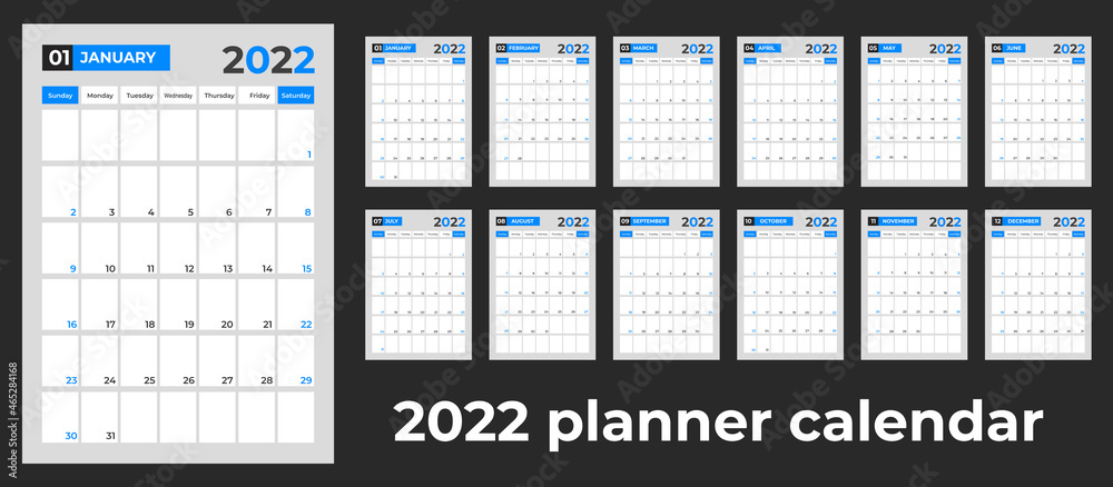 2022 planner calendar design template set week start on Sunday. 2022 ...