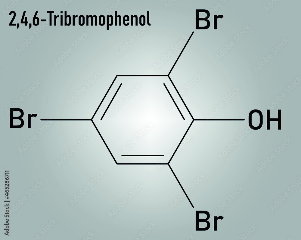Tribromophenol (TBP, 2,4,6-Tribromophenol) molecule. Used as fungicide ...