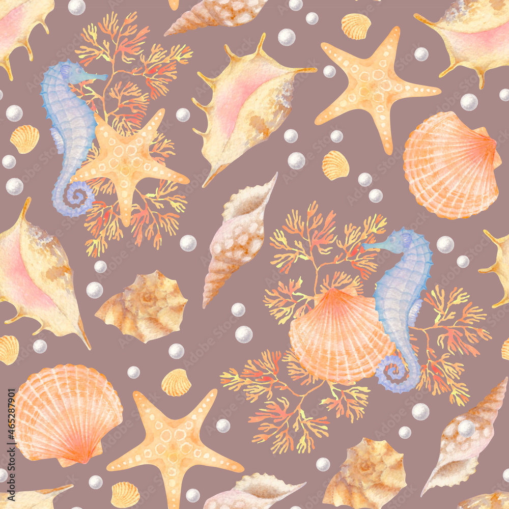 Vector sea pattern in watercolor style with seashells, corals, starfish ...