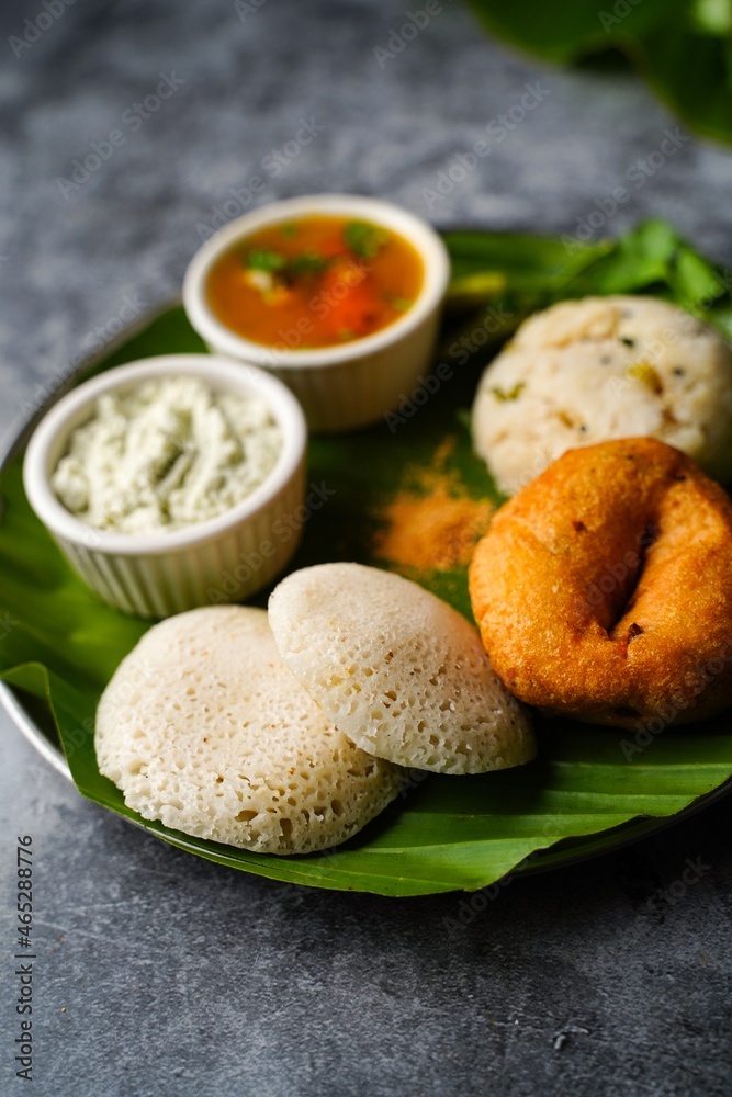 Vegetarian South Indian breakfast thali - Idli vada sambar chutney upma ...