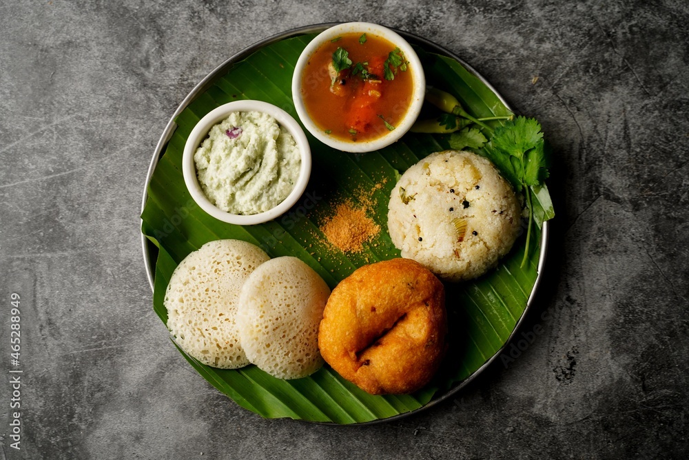 Vegetarian South Indian breakfast thali - Idli vada sambar chutney upma ...
