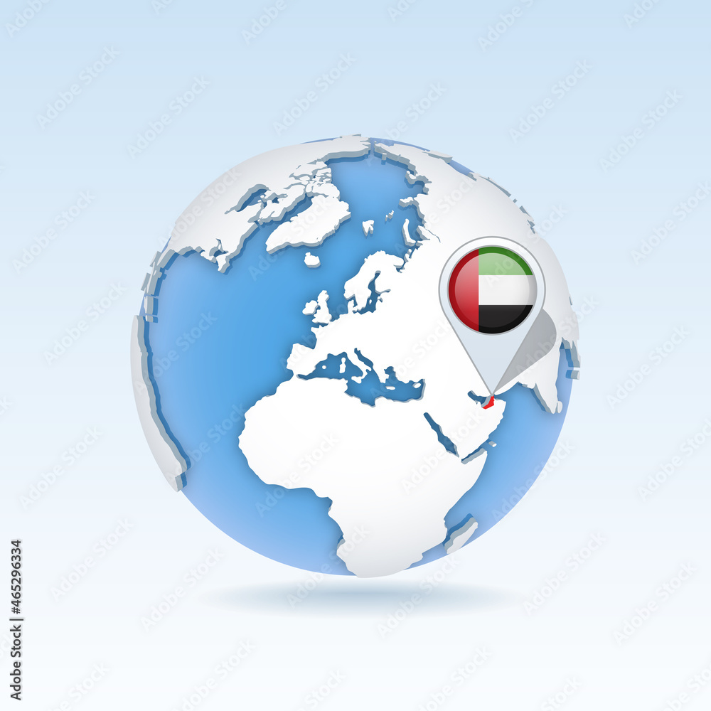 United Arab Emirates - country map and flag located on globe, world map ...