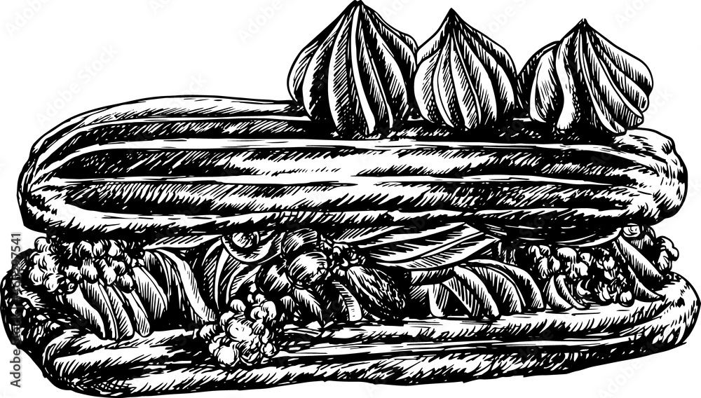 hand drawn illustration of a sweet glazed french eclair. traditional ...