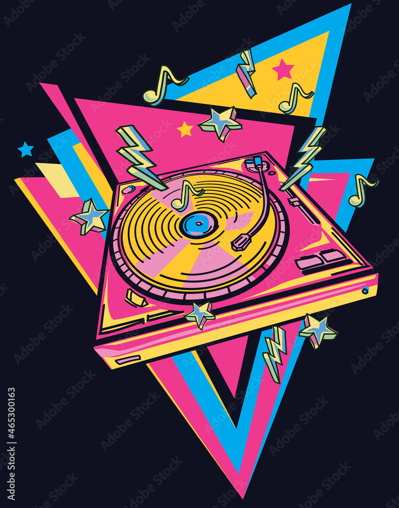 Colorful drawn funky musical turntable emblem Stock Vector | Adobe Stock