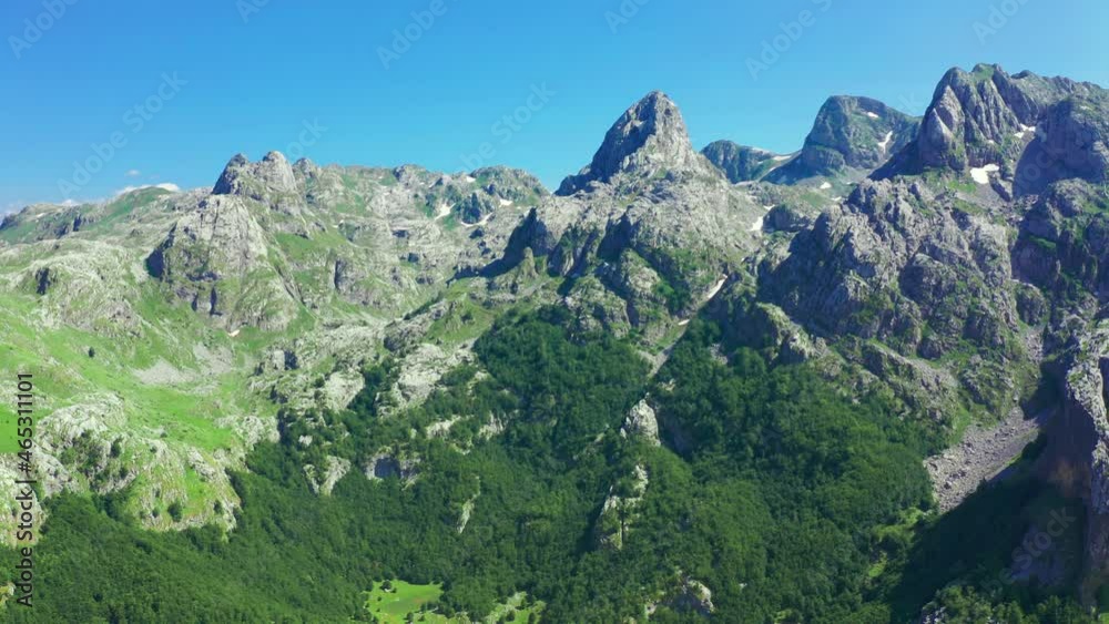Prokletije mountains over the Grebaje valley, Montenegro. Aerial drone ...