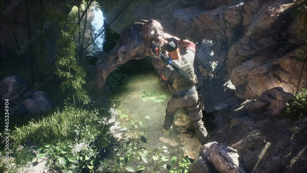A courageous soldier fights back against a creepy monster in the jungle ...