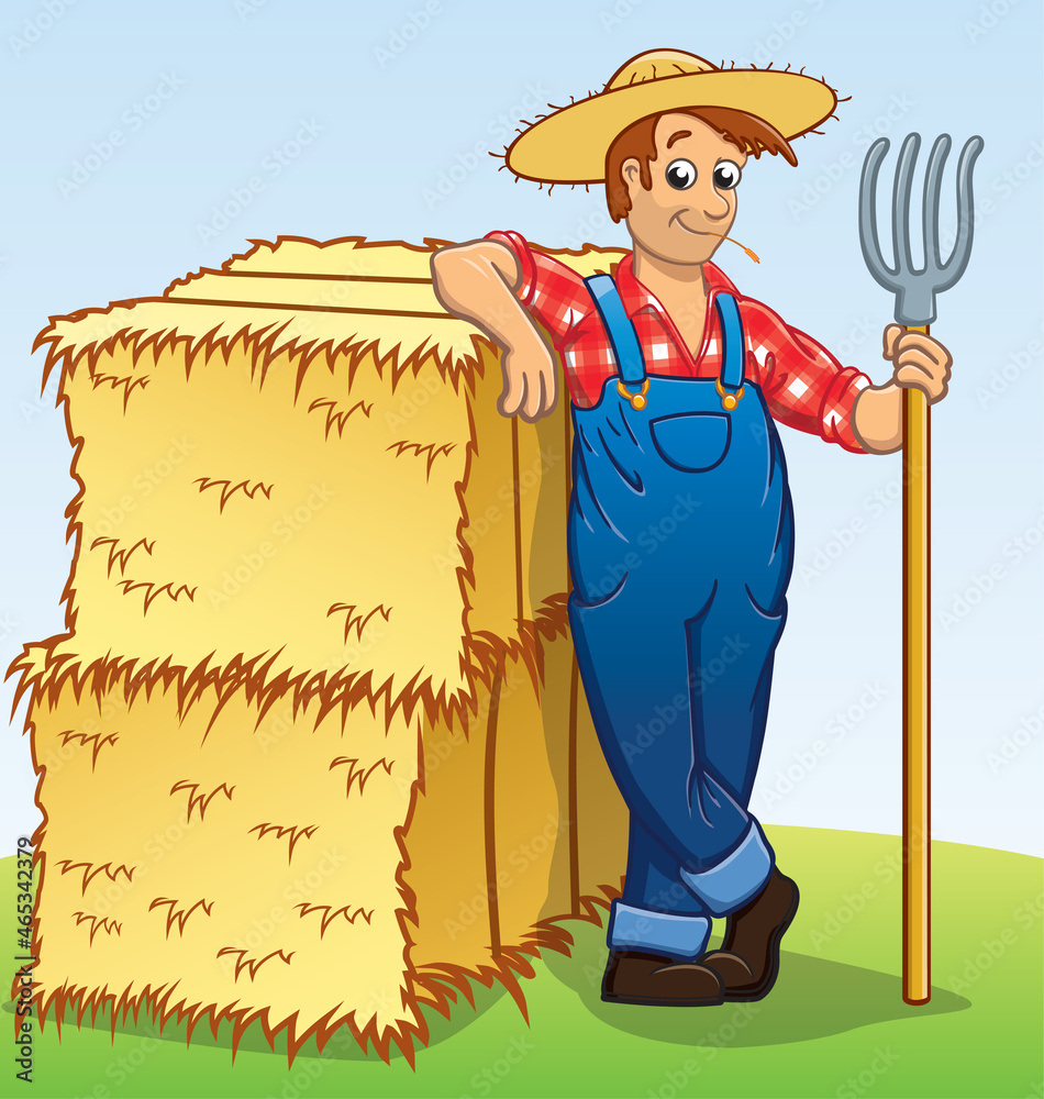 cartoon farmer with pitchfork and hay bales Stock Vector | Adobe Stock