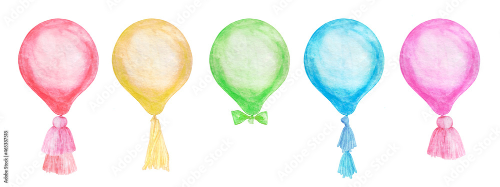 watercolor set colored balloons with tassels isolated on white ...