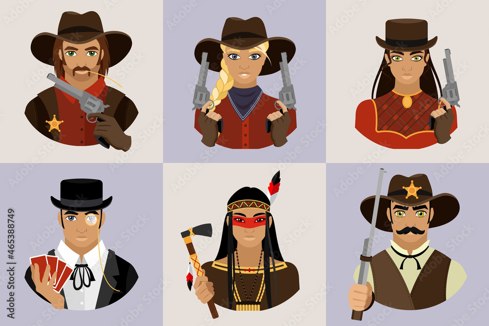 Avatars of men and women in suits and hats of the wild west hold ...