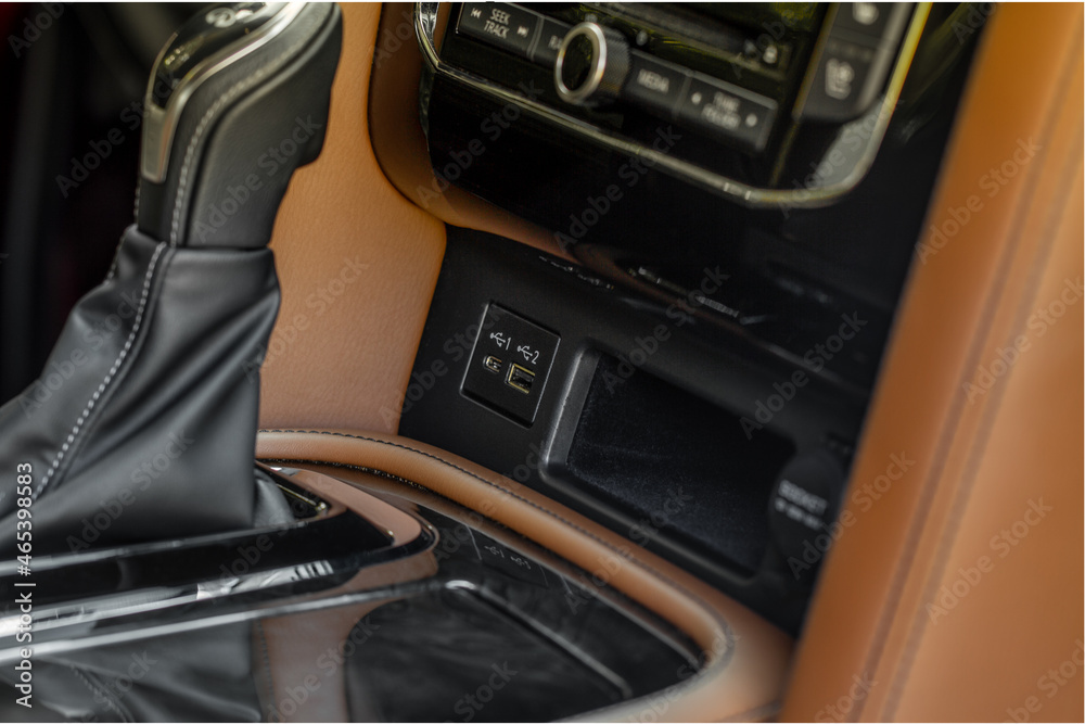 USB port in the car panel close up. Car interior detail. Car usb ...