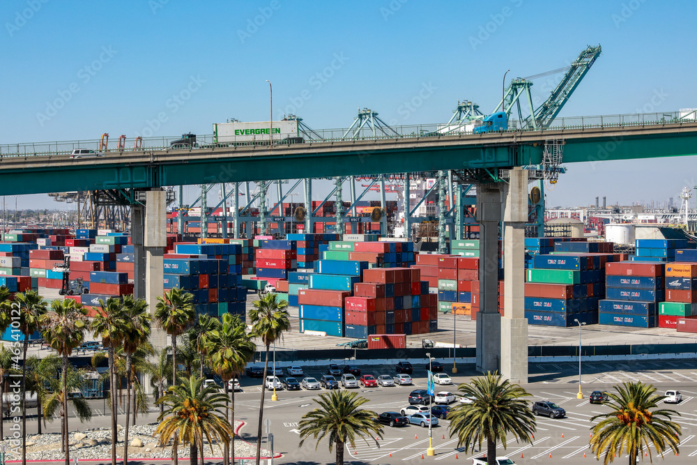 Ocean Shipping Containers Stacked Up at Los Angeles Harbor Under the ...