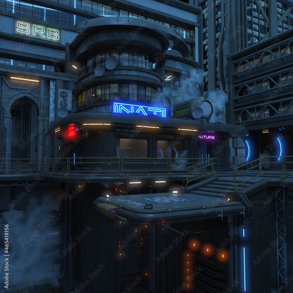 Dark neon night in a cyberpunk city. Photorealistic 3d illustration of ...